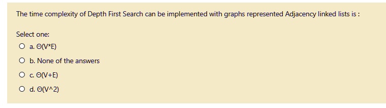 SOLVED: The time complexity of Depth First Search implemented with ... SOLVED: The time complexity of Depth First Search implemented with ...