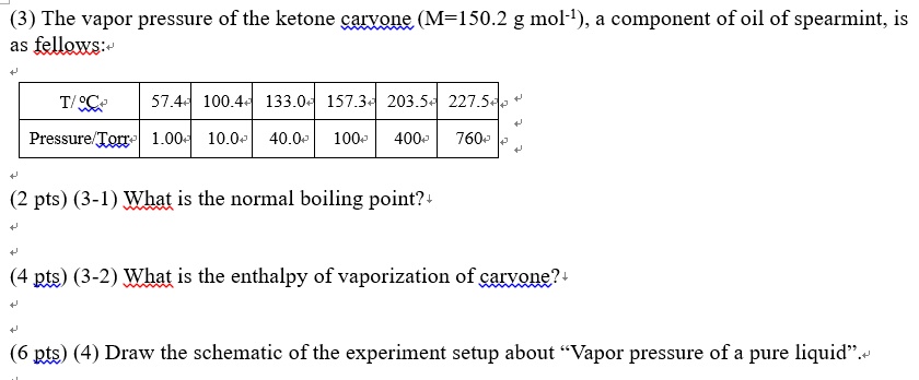 SOLVED: (3) The vapor pressure of the ketone carvone (M=150.2 g mol-1 ...