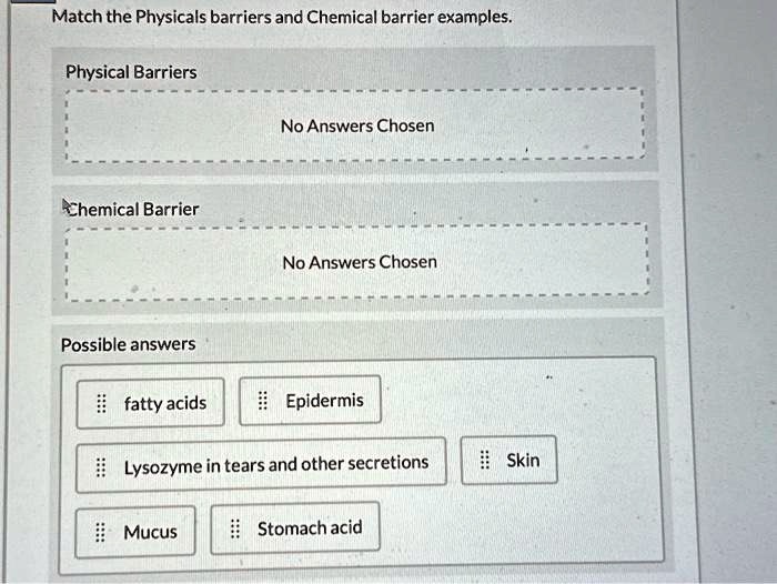 Match the Physicals barriers and Chemical barrier examples. Physical ...