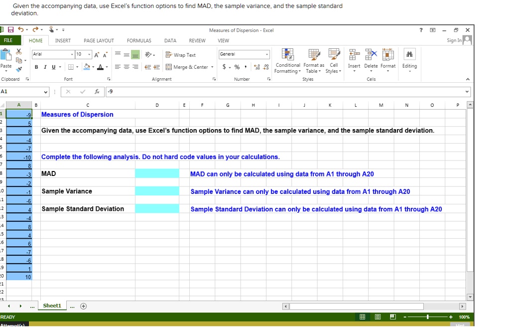 SOLVED: Given the accompanying data, use Excel's function options to find MAD, the sample ...