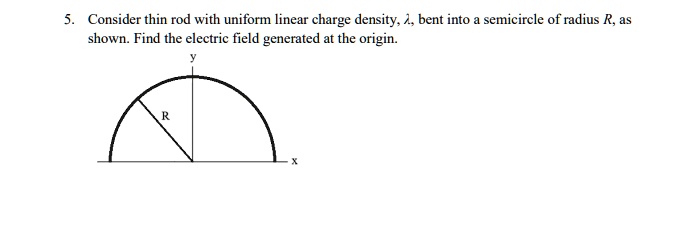 5. Consider thin rod with uniform linear charge density, λ, bent into a semicircle of radius R ...