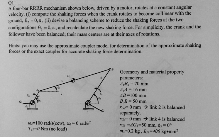 SOLVED: A four-bar RRRR mechanism shown below, driven by a motor ...