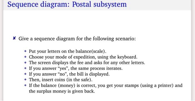 SOLVED: Sequence diagram: Postal subsystem Give a sequence diagram for ...