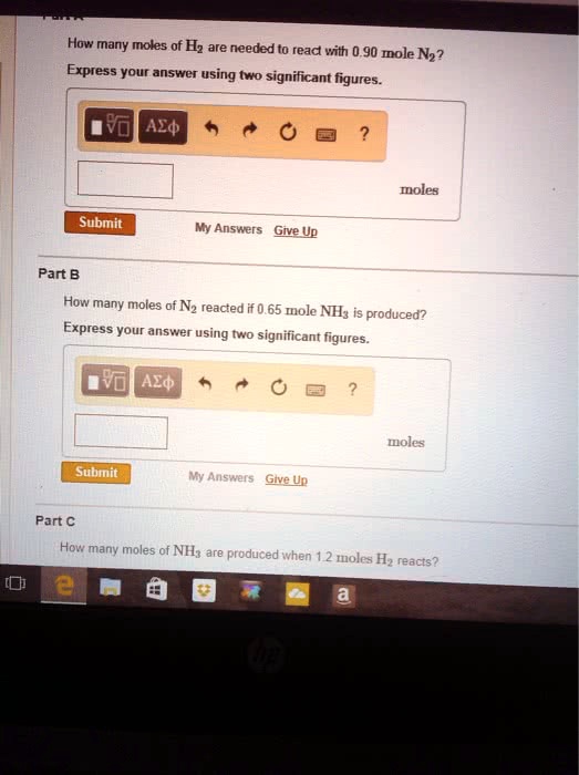 How many moles of H? are needed to react with 0.90 mole N?? Express your answer using two ...