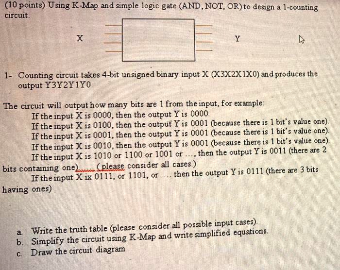 (10 points) Using K-Map and simple logic gate (AND, NOT, OR) to design a 1-counting circuit. X Y ...