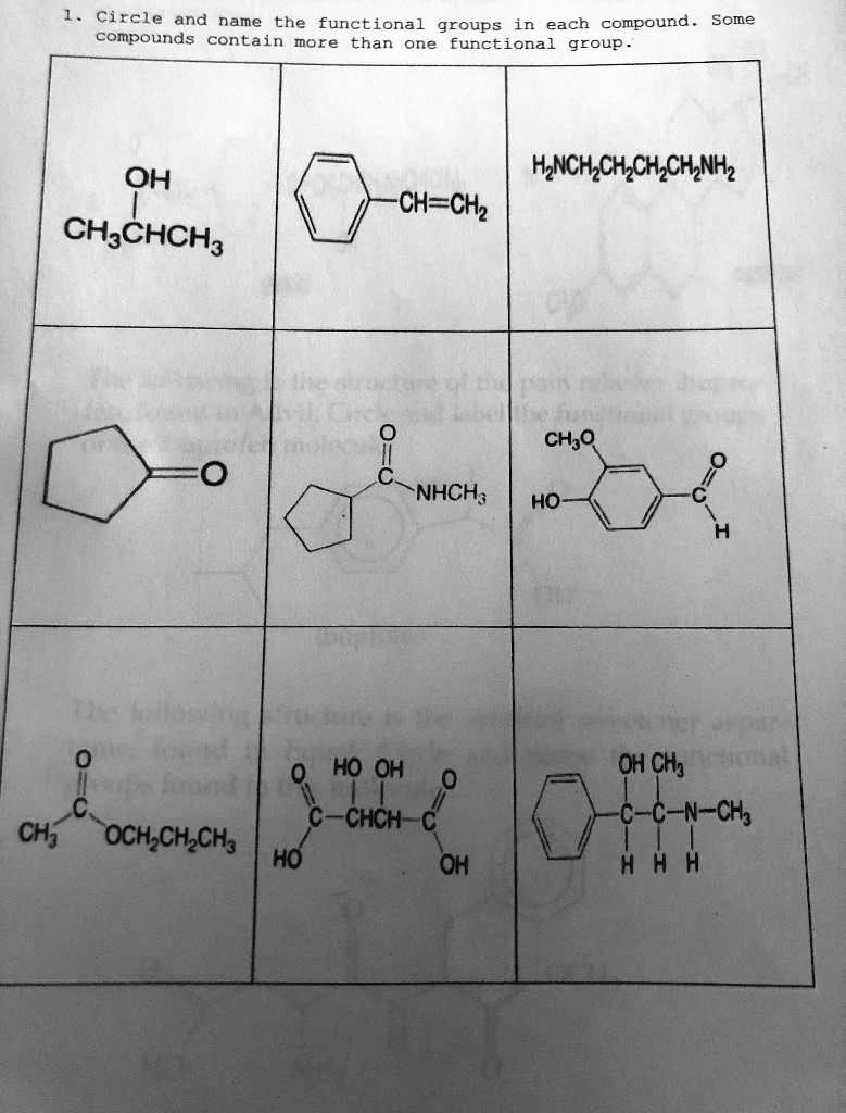 SOLVED: Circle and name the functional groups in each compound . Sone compounds contain more ...