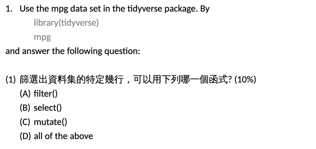 Solved Texts 1 Use The Mpg Data Set In The Tidyverse Package By Librarytidyverse Mpg And