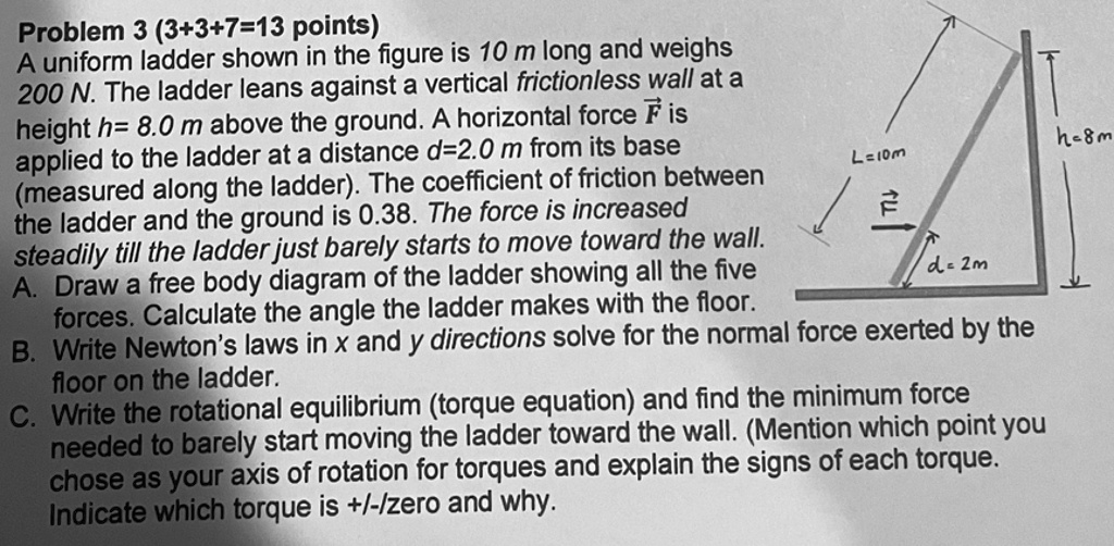Problem 3 (3+3+7=13 points) A uniform ladder shown in the figure is 10 ...