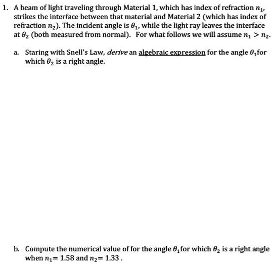 a beam of light traveling through material 1 which has index of refraction nj strikes the ...