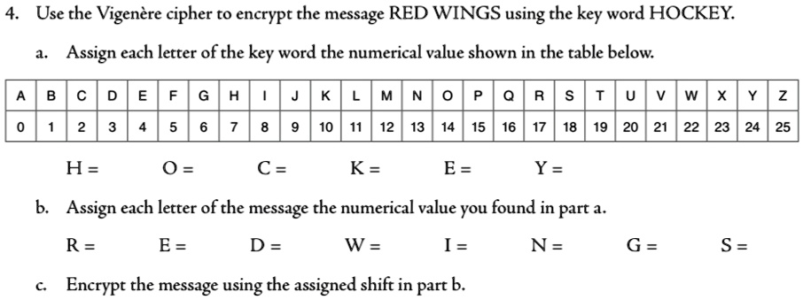 4. Use the Vigenère cipher to encrypt the message RED WINGS using the key word HOCKEY. a. Assign ...