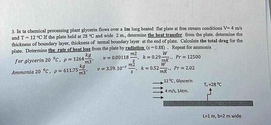 3. In ta chemical processing plant glycerin flows over a 1m long heated flat plate at free ...