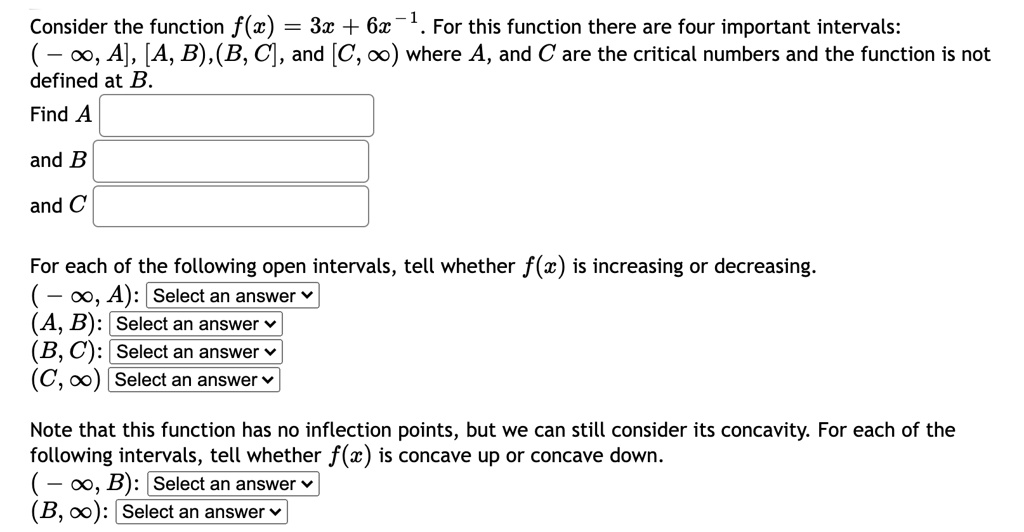 SOLVED: Consider the function f(c) = 31 + 6x For this function there are four important ...