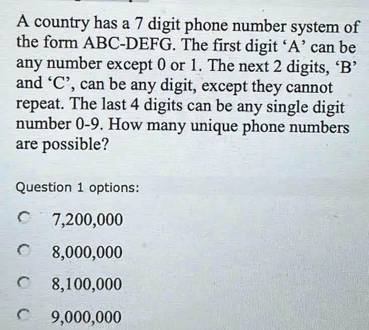A Country Has A 7 Digit Phone Number System Of The Form ABC DEFG The