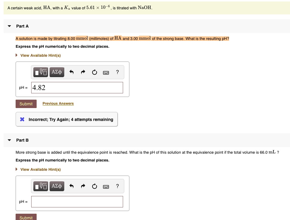 SOLVED: A certain weak acid, HA with Ka value of 5.61 x 10^- is ...