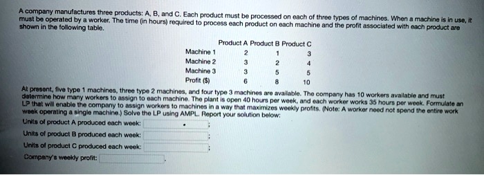 linear programming a company manufactures three products a b and c each ...