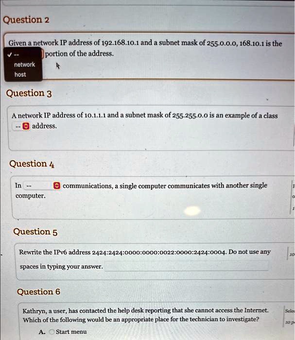 Question 2 Given a network IP address of 192.168.10.1 and a subnet mask of 255.0.0.0, 168.10.1 ...