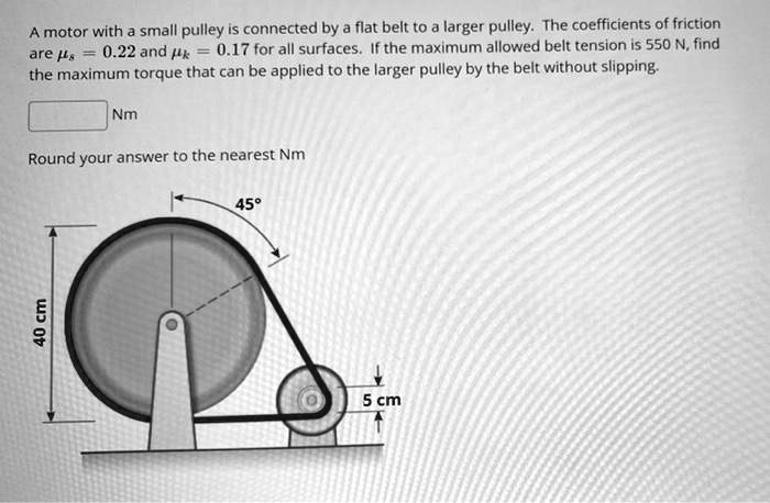 SOLVED: A motor with a small pulley is connected by a flat belt to a ...