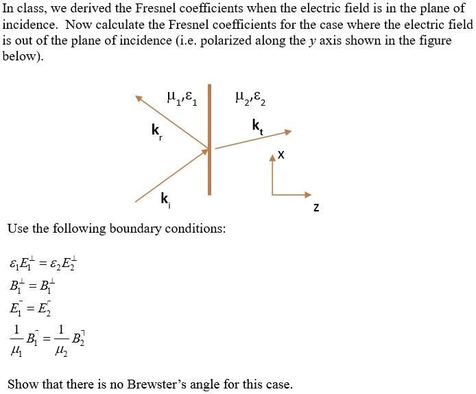 SOLVED: In class, we derived the Fresnel coefficients when the electric field is in the plane of ...