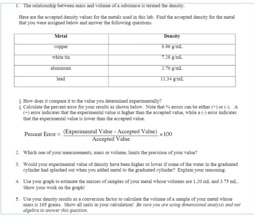 SOLVED: 1. The relationship between mass and volume of a substance is termed the density. Here ...