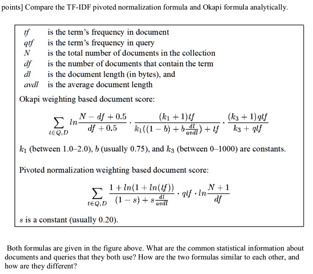 SOLVED Points Compare The TF IDF Pivoted Normalization Formula And