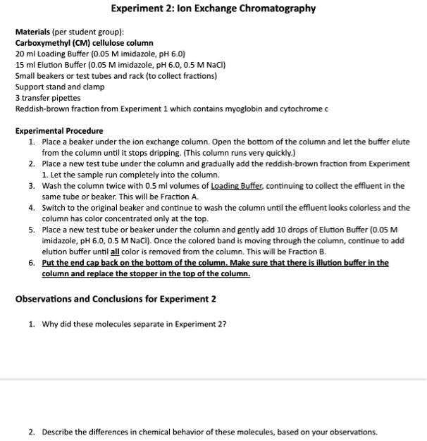 SOLVED: Experiment 2: Ion Exchange Chromatography Materials (per student group): - Carboxymethyl ...