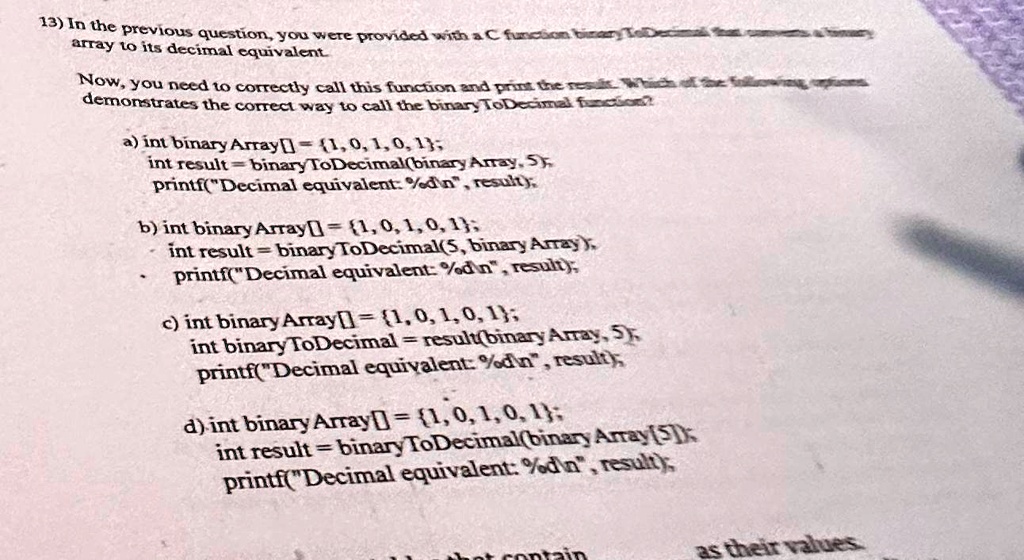 Solved Array To Its Decimal Equivalent Demonstrates The Correct Way To Call The Binary To