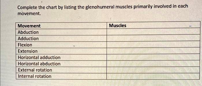 Complete the chart by listing the glenohumeral muscles primarily ...