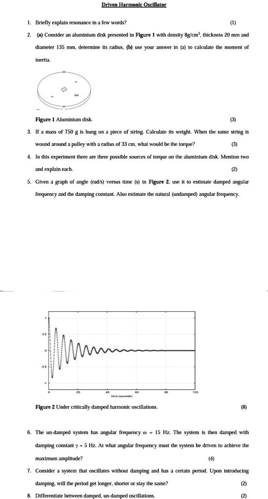 Driven Harmonic Oscillator 1. Briefly explain resonance in a few words? (1) 2. (a) Consider an ...