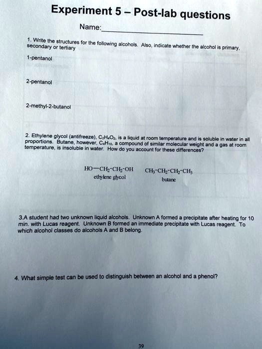 SOLVED: Experiment 5 Post-lab questions Name; secondar COntathe structures for the following ...
