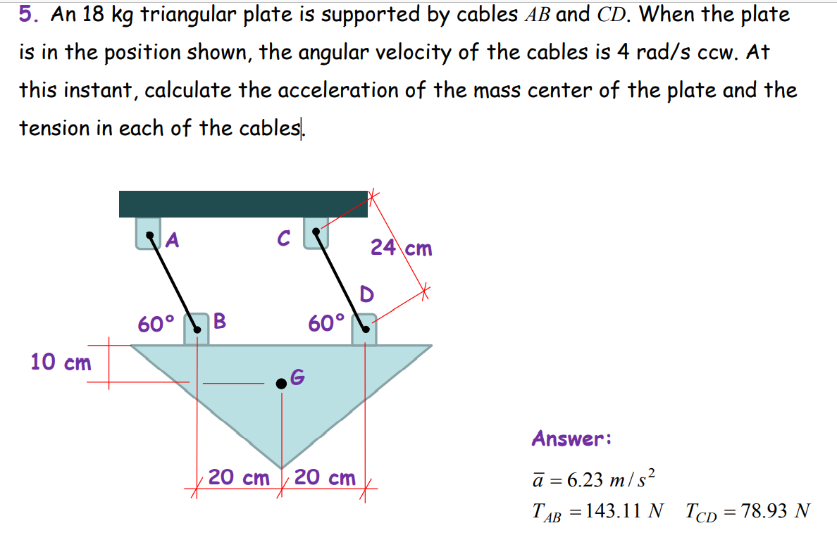 5. An 18 kg triangular plate is supported by cables A B and C D. When ...