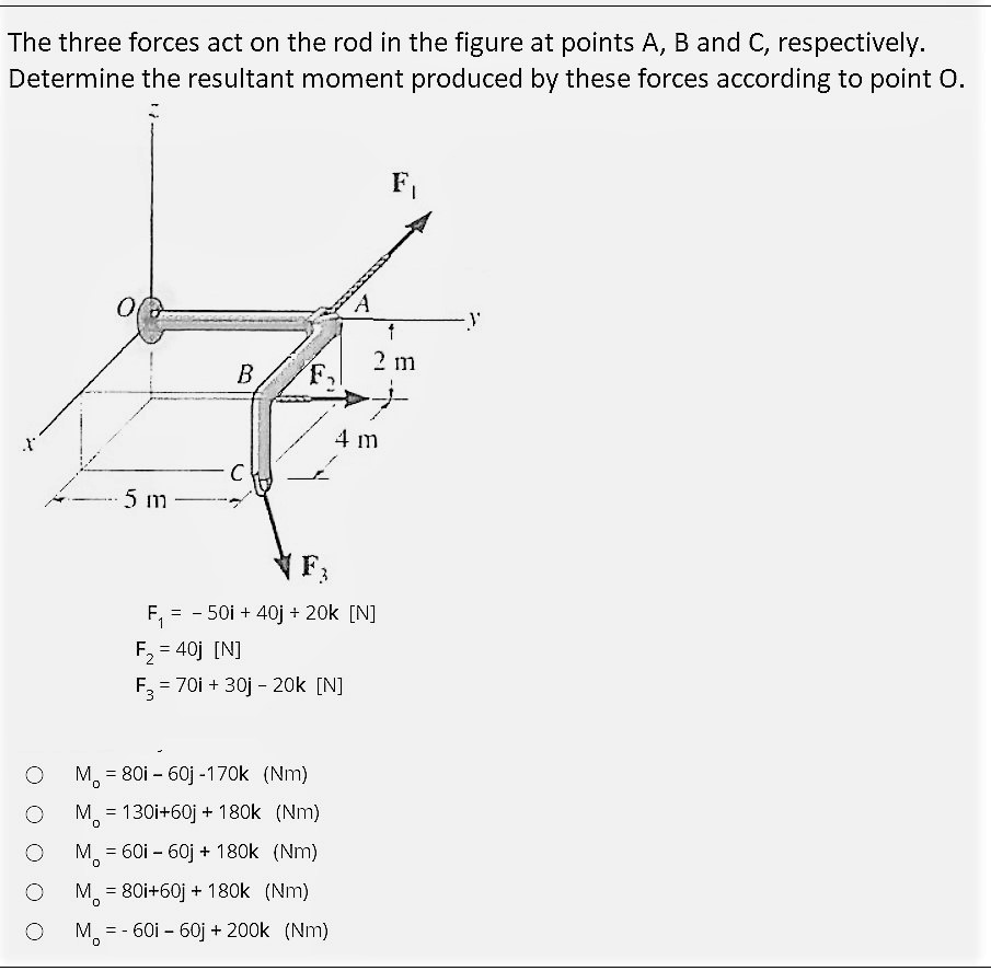 SOLVED: The three forces act on the rod in the figure at points A, B, and C, respectively ...