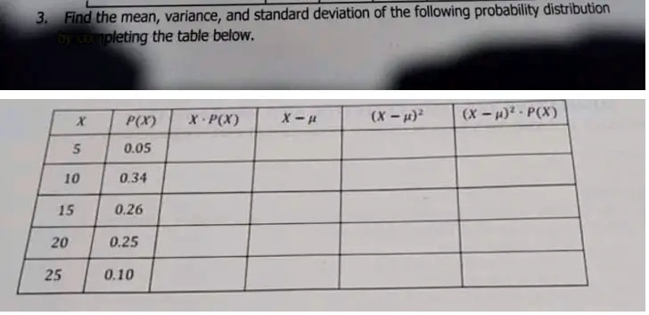SOLVED: Fnd the mean; variance, and standard deviation of the following ...