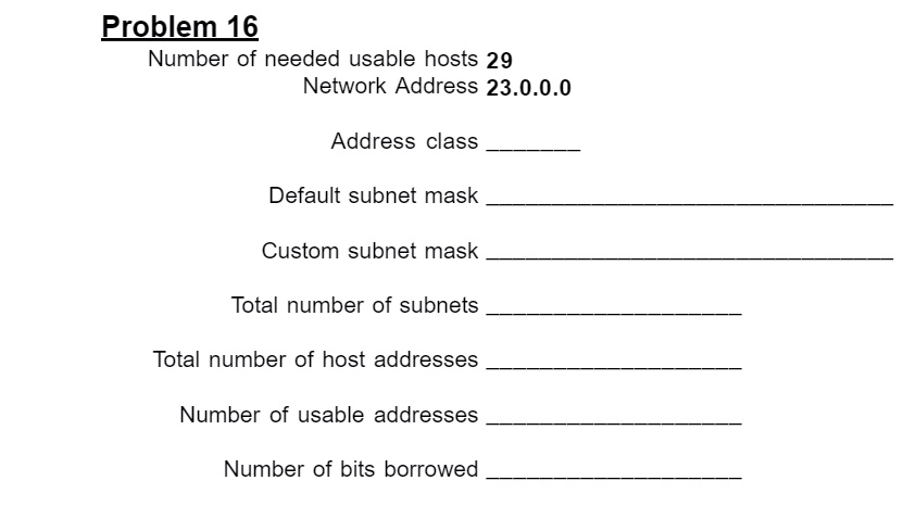 Problem 16 Number of needed usable hosts 29 Network Address 23.0.0.0 Address class Default ...