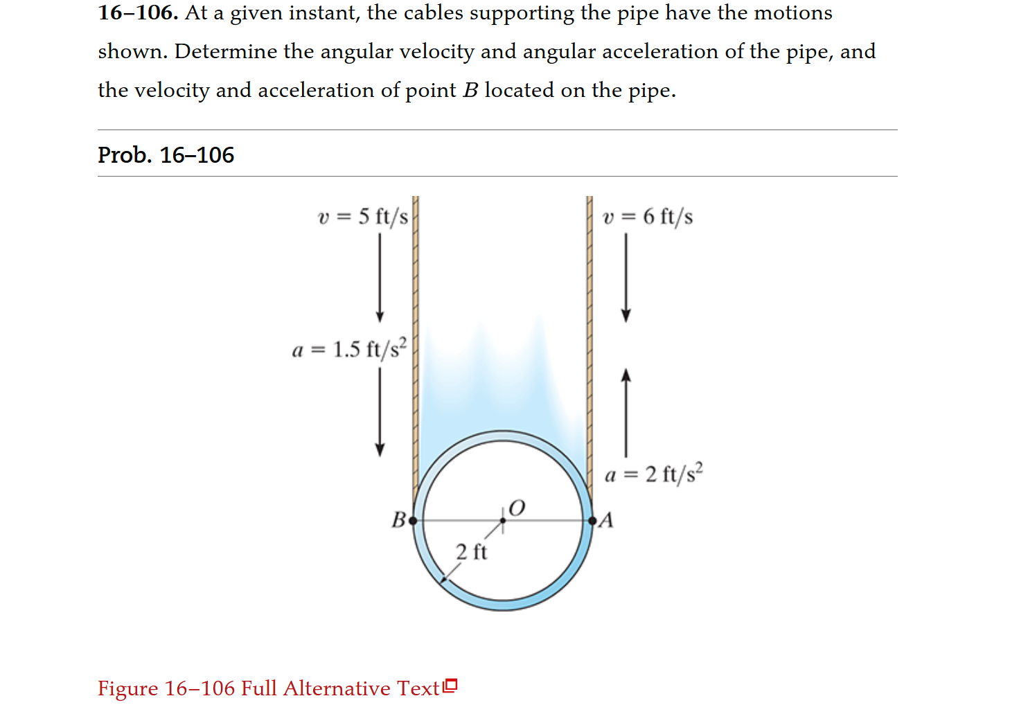 16-106. At a given instant, the cables supporting the pipe have the motions shown. Determine the ...