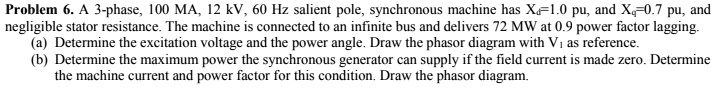 SOLVED: Problem 6. A 3-phase, 100 MVA, 12 kV, 60 Hz salient pole ...