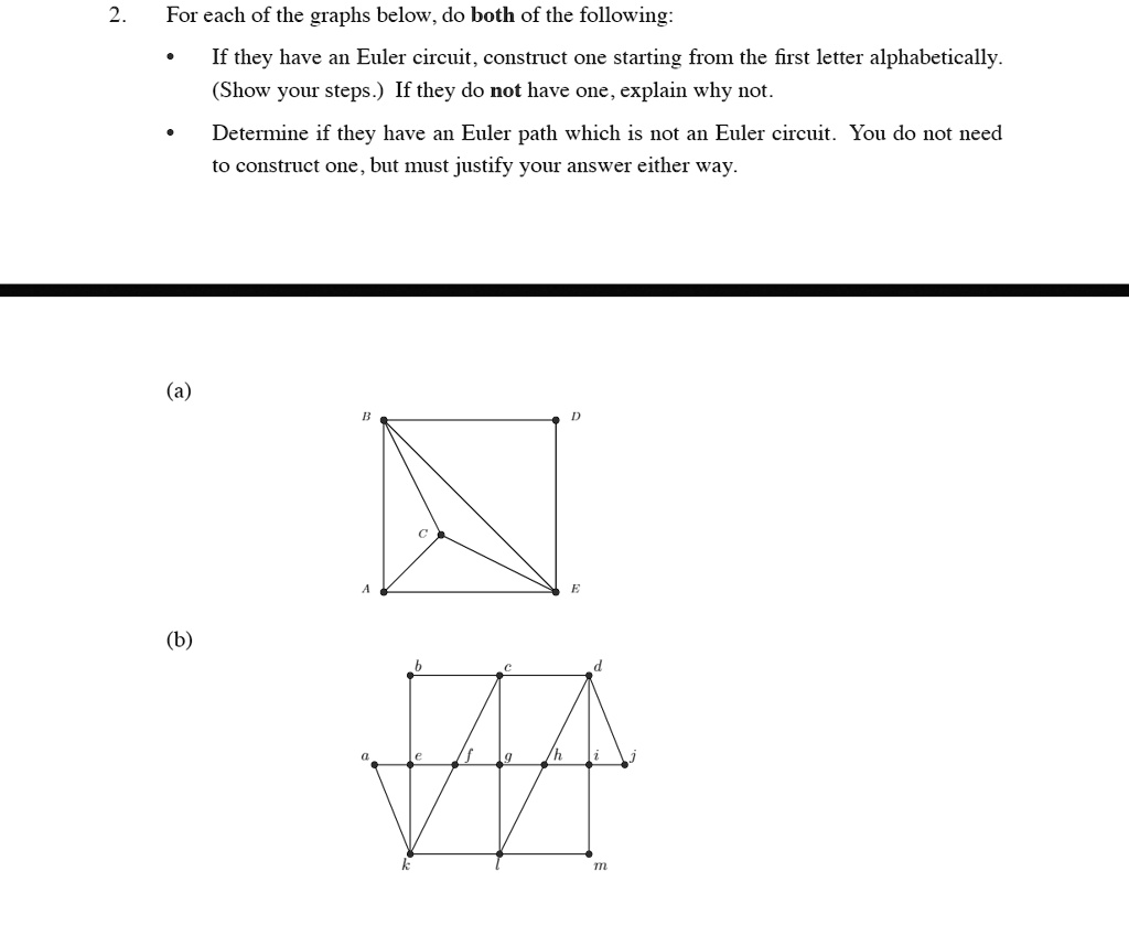 SOLVED: For each of the graphs below, do both of the following: If they have an Euler circuit ...