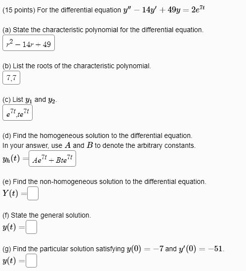SOLVED: (15 points) For the differential equation y" 14y' 49y 2e7t ...