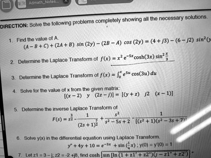 DIRECTION: Solve the following problems completely showing all the ...
