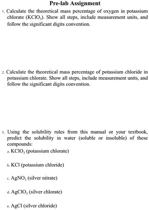 Pre-lab Assignment 1. Calculate the theoretical mass percentage of ...