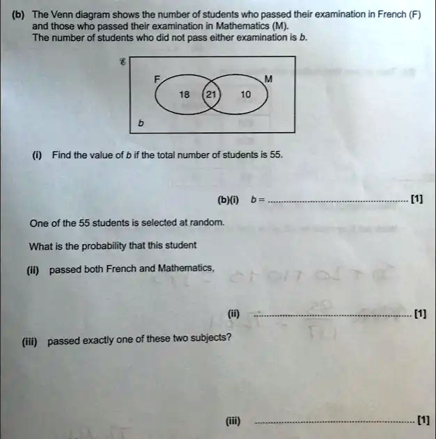 b the venn diagram shows the number of students wno passed their ...