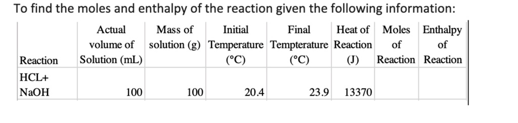 SOLVED: To find the moles and enthalpy of the reaction given the following information: Actual ...