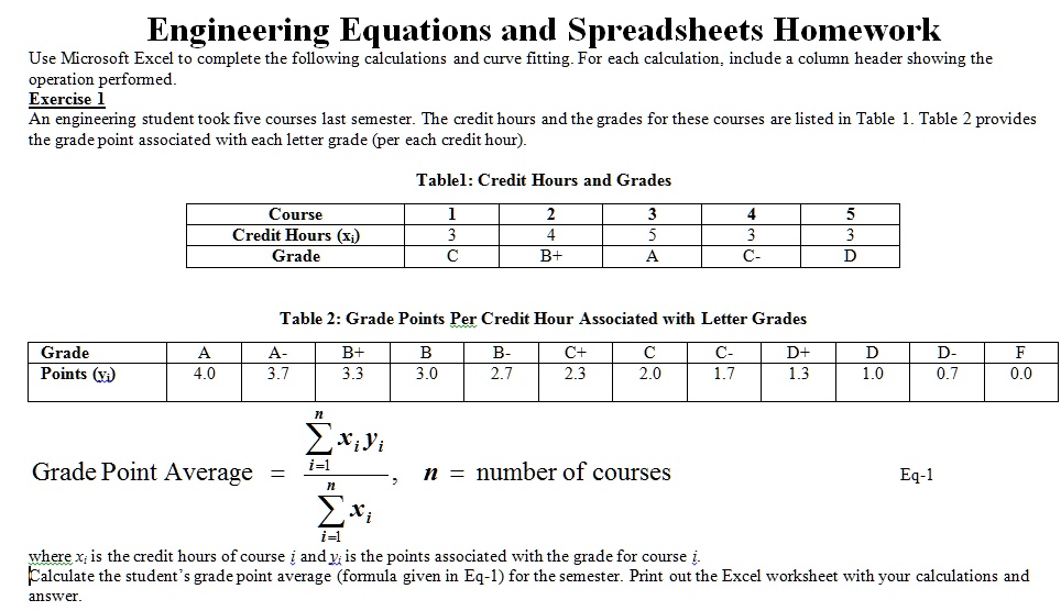 Engineering Equations and Spreadsheets Homework Use Microsoft Excel to ...