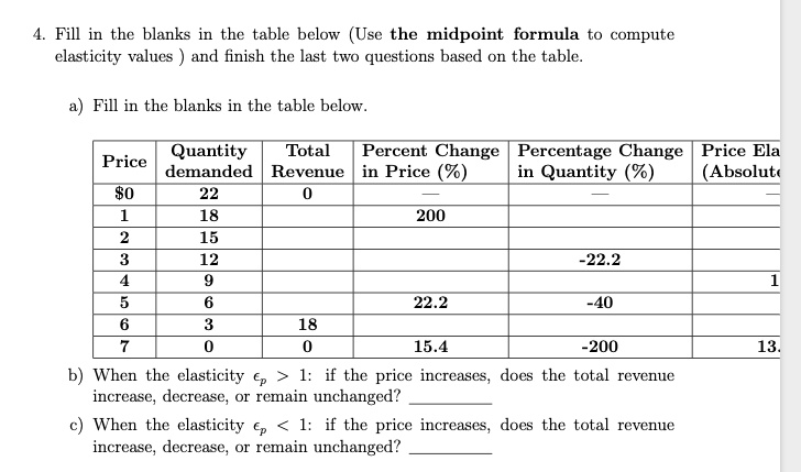 SOLVED: 4. Fill in the blanks in the table below (Use the midpoint formula to compute elasticity ...