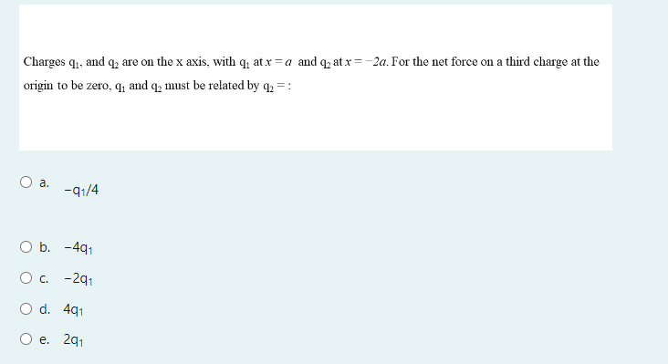 Charges q1, and q2 are on the x axis, with q1 at x=a and q2 at x=-2 a. For the net force on a ...