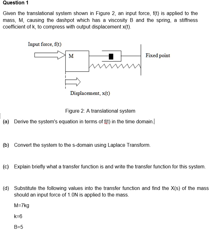 Question 1 Given the translational system shown in Figure 2, an input force, f(t) is applied to ...