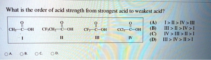 SOLVED: What is the order of acid strength from strongest acid to ...