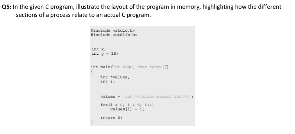 Q5: In the given C program, illustrate the layout of the program in memory, highlighting how the ...