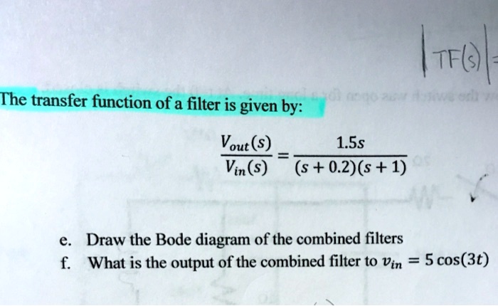 SOLVED: The transfer function of a filter is given by: Vout(s) = 1.5s / (s^2 + 0.2s + 1) e. Draw ...