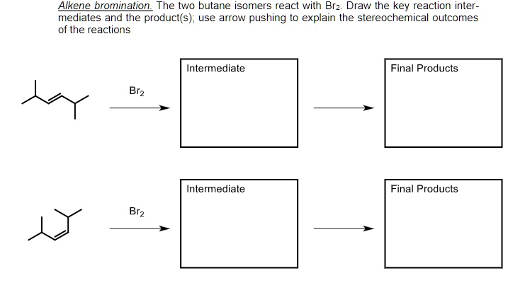 SOLVED: Alkenebromination The two butane isomers react with Brz: Draw ...
