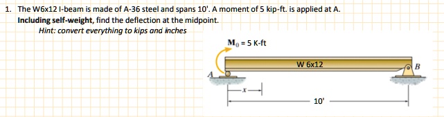 SOLVED: The W6x12 I-beam is made of A-36 steel and spans 10'. A moment ...